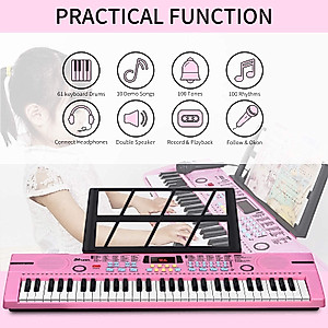 24HOCL 61 Keys Keyboard Piano, Kids Piano Keyboard with UL Adapter, Stand, Built-In Speaker, Mic, Portable Electronic Keyboard for Boys, Girls, Beginners Birthday Holidays Best Gifts