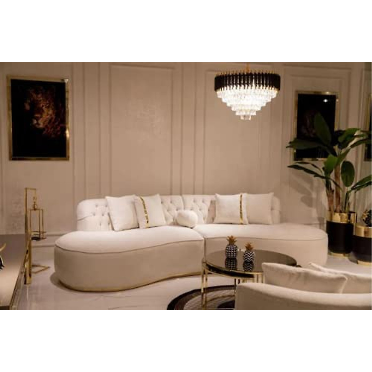 Luxury Modern Curve Sectional Sofa Lounge Chaise, Fully Assembled Medium Firm Boucle or Velvet Couches Black Ivory (Ivory Boucle 130'' Wide Sectional Chaise)