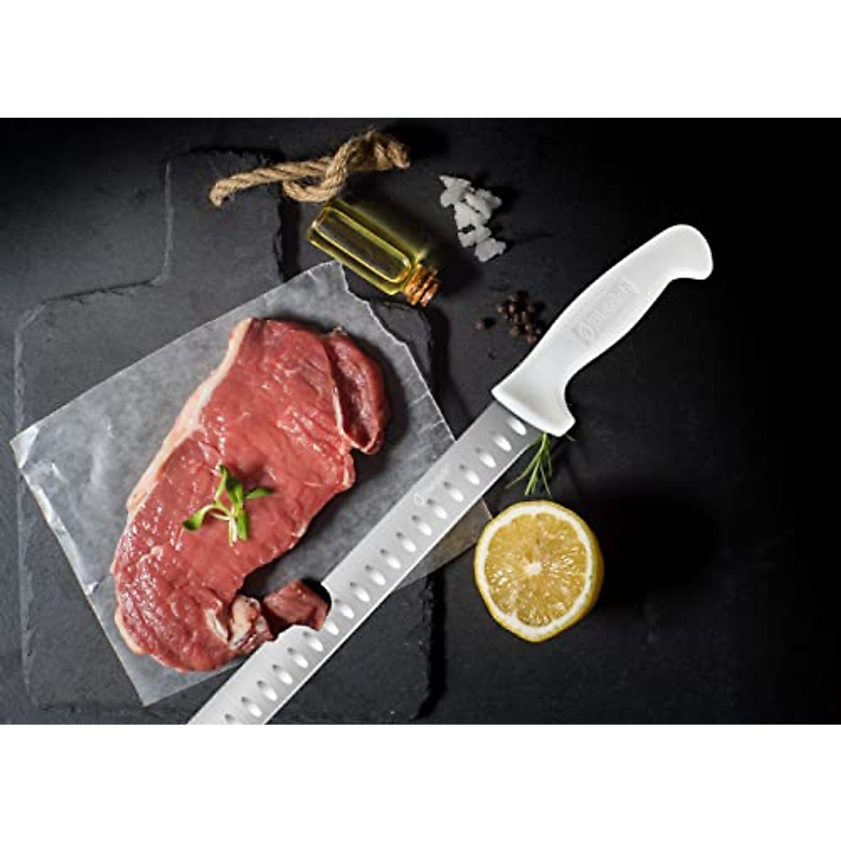 Bleteleh Extra-Long 15-inch blade slicing knife Granton Edge, White Handle
