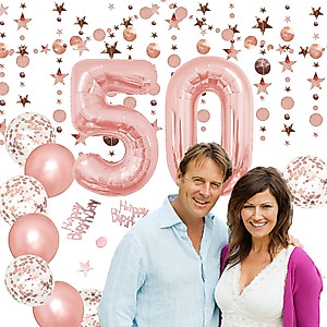 50th Rose Gold Birthday Party Decoration - Happy Birthday Banner, Glitter Circle Dot Garland Streamer, Cake topper, Foil Tablecloth, Rose Gold 50th Balloons, for Women Girl Birthday Party