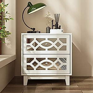 DiDuGo Nightstand with 2 Mirrored Drawers Set of 2, Wood End Table Bedside Table with Storage, Contemporary Style, Wooden Legs, for Bedroom White (18.9”W x 15.7”D x 19.7”H)