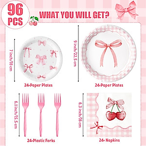G1ngtar 96Pcs Pink Bow Party Plates Supplies - Coquette Cute Party Tableware Decorations Disposable Paper Plates Napkins Forks for Girl Bachelorette Bridal Engagement Birthday, Serves 24 Guests