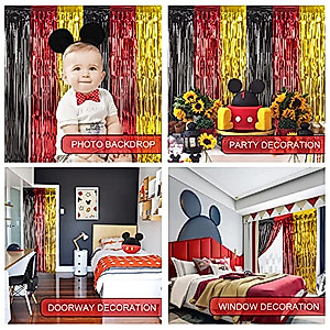 LOLStar 3 Pack Mickey Birthday Party Supplies, 3.3x6.6 ft Black Red Gold Tinsel Foil Fringe Curtains, Cartoon Mouse Photo Booth Prop Streamer Backdrop, Mickey Birthday Party Decoration for Boys Babies