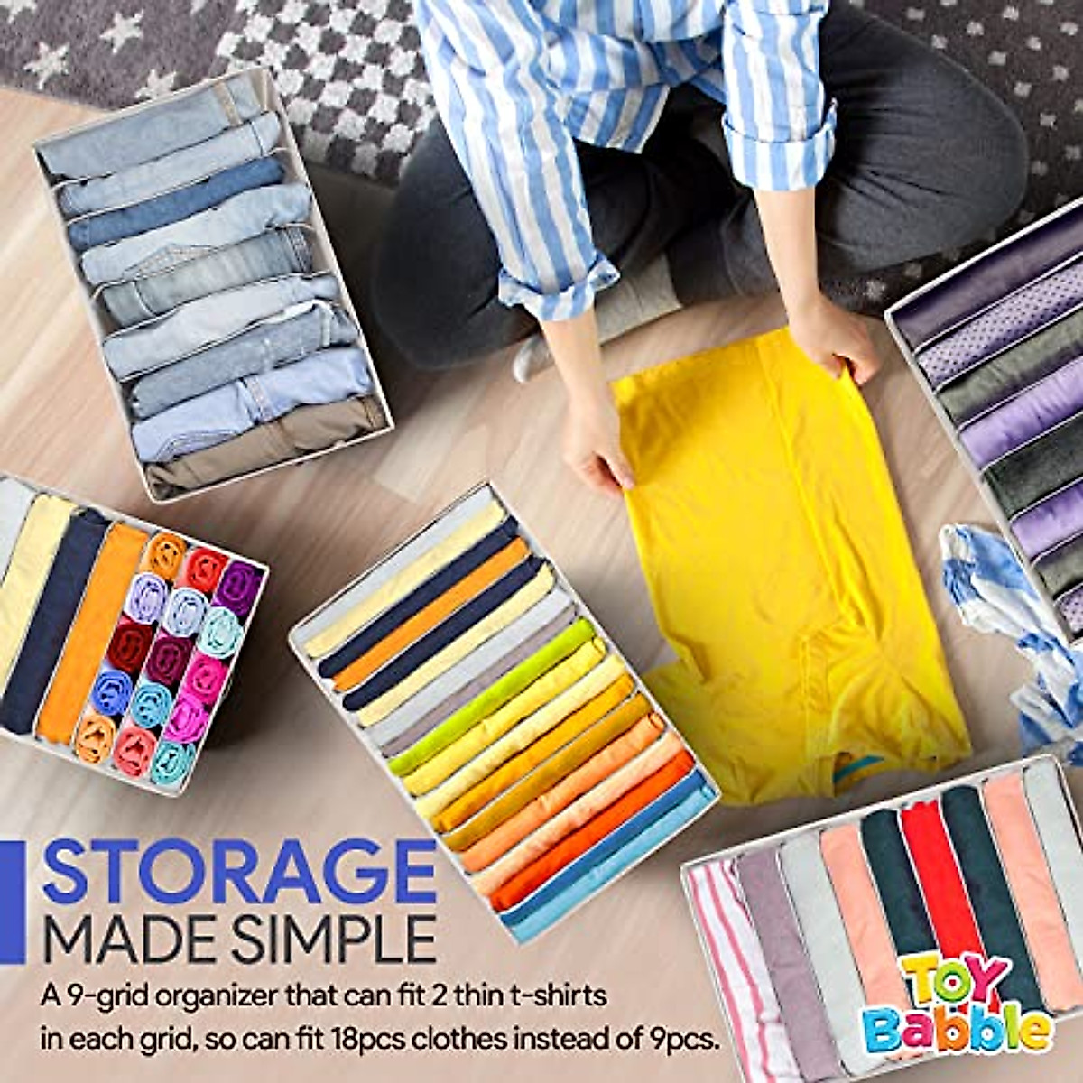 Clothes Organizer for Folded Clothes - Extra Large 9 Grids, Premium Upgraded Wardrobe Clothes Organizer with Handles, Pants organizer for closet. Foldable Jeans Organizer for Closet, tshirt organizer.