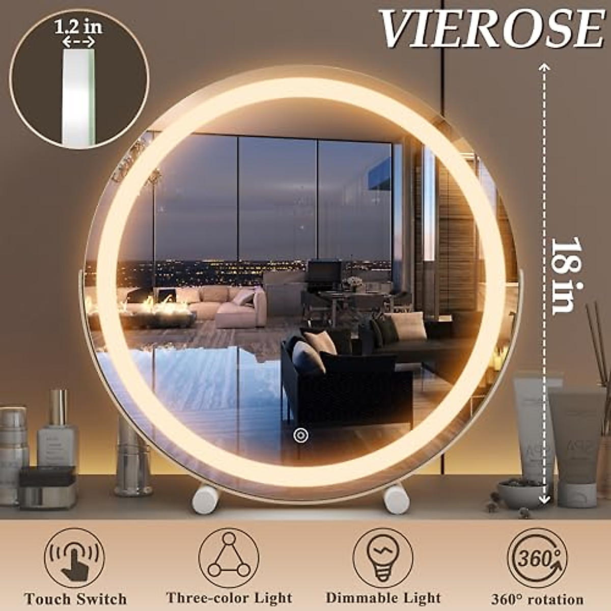 Vierose 18 Inch Large Vanity Mirror with Lights, Round LED Makeup Mirror, Light Up Mirror Makeup Mirror with Lights for Bedroom Tabletop, Smart Touch Control 3 Colors Dimmable, 360° Rotation (White)