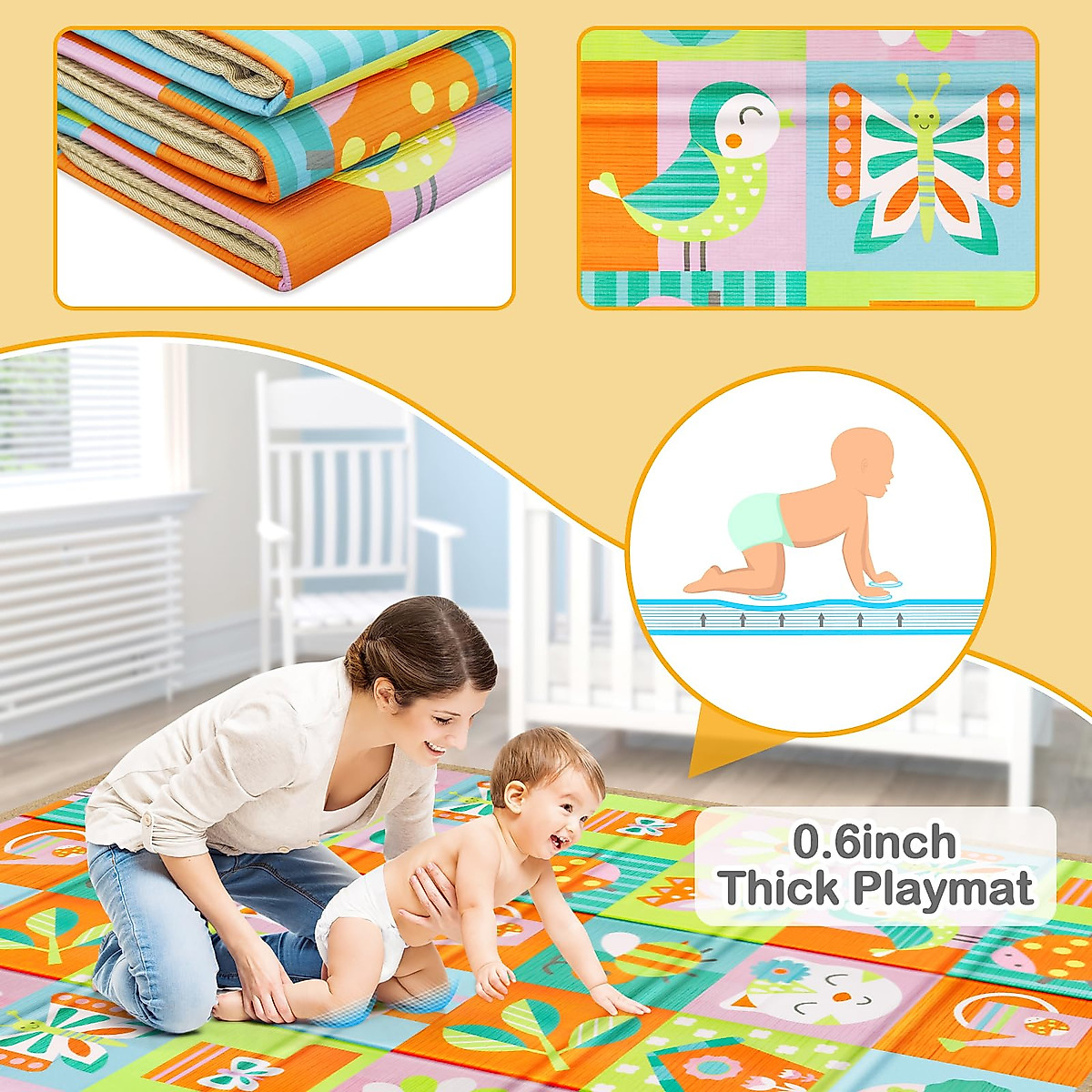 Baby Play Mat, 71" X 79" Baby Floor Mats for Floor, Tummy Time Mat, Waterproof Play Mats for Babies and Toddlers, 0.6" Playmat Crawling Mat, Extra Large Foldable Baby Gym Mat for Floor