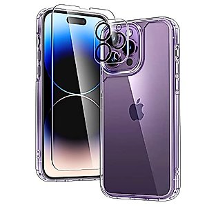 TAURI 5-in-1 for iPhone 14 Pro Case Clear, [Not Yellowing] with 2X Screen Protectors + 2X Camera Lens Protectors, [Military Grade Drop Protection] Shockproof Slim Phone Case for iPhone 14 Pro