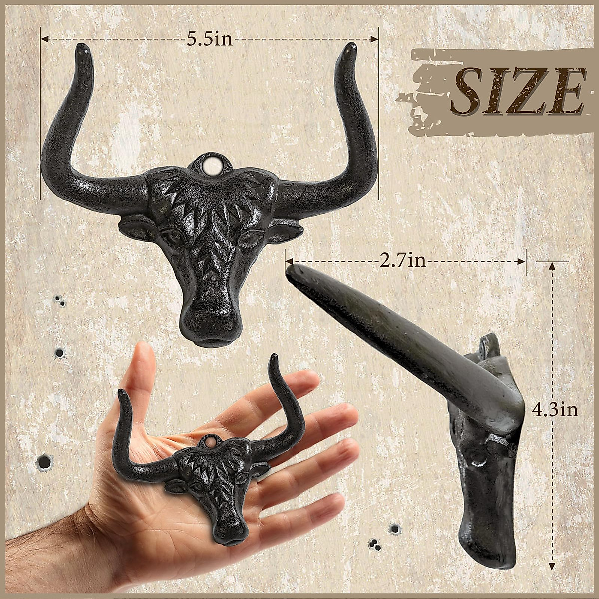 HYDERMUS Cowboy Hat Rack for Wall 2 Pack Modern Cast Iron Cowboy Hat Holder Cowgirl Hat Hanger Western Wall Decor Longhorn Hooks Wall Hooks for Hat Storage and Organization Rust Men's Christmas Gift