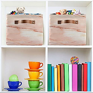 Gougeta Foldable Storage Basket with Handle, Stylish Pink Marble Rectangular Canvas Organizer Bins for Home Office Closet Clothes Toys 2 Pack