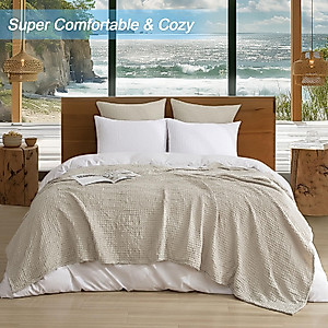 PHF Ultra Soft Waffle Weave Blanket Queen Size 90"x 90"- Washed Lightweight Breathable Cozy Woven Blanket Perfect for Spring Summer - Great Decor for Couch Bed Sofa Home Car - Light Khaki/Linen