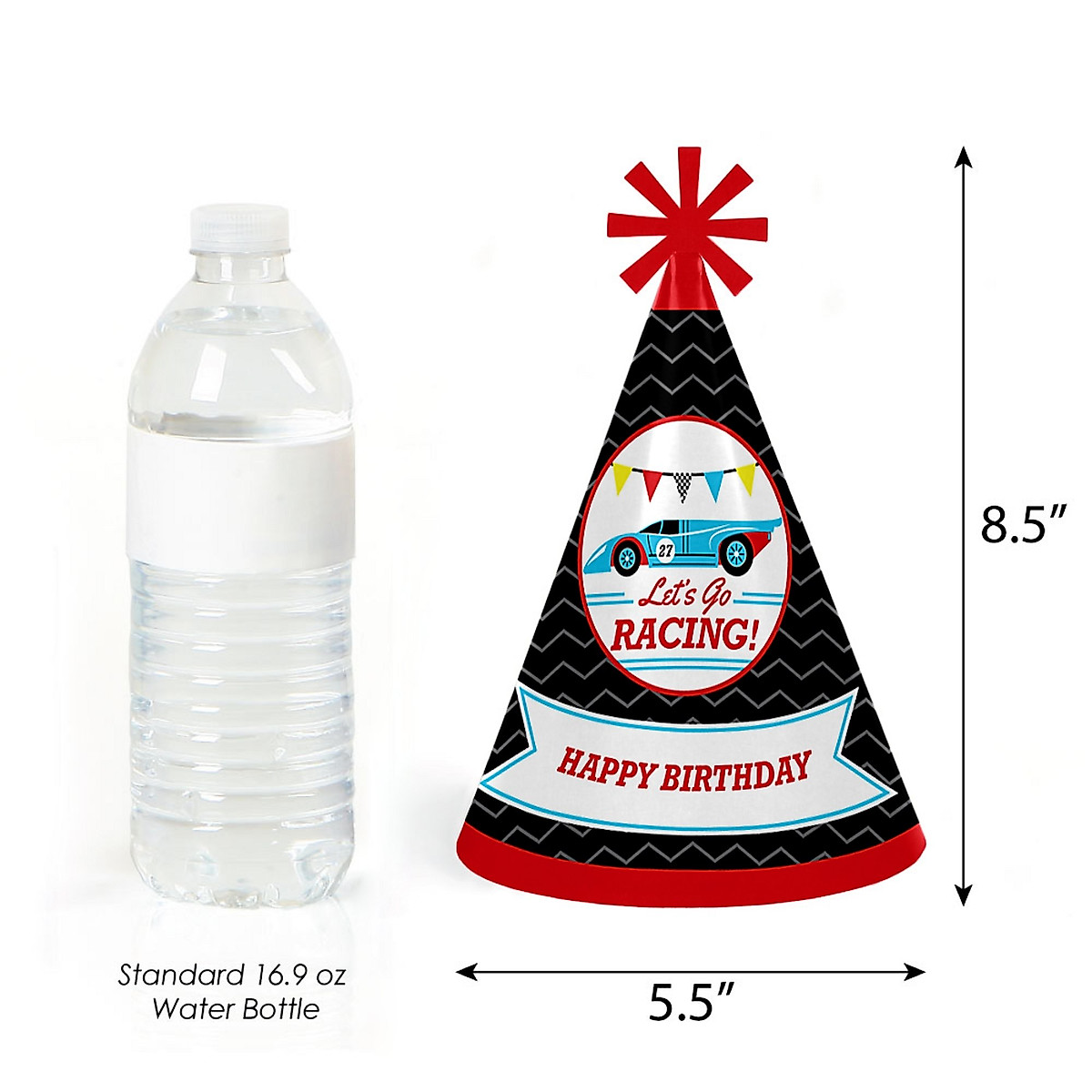 Let’s Go Racing - Racecar - Cone Race Car Happy Birthday Party Hats for Kids and Adults - Set of 8 (Standard Size)
