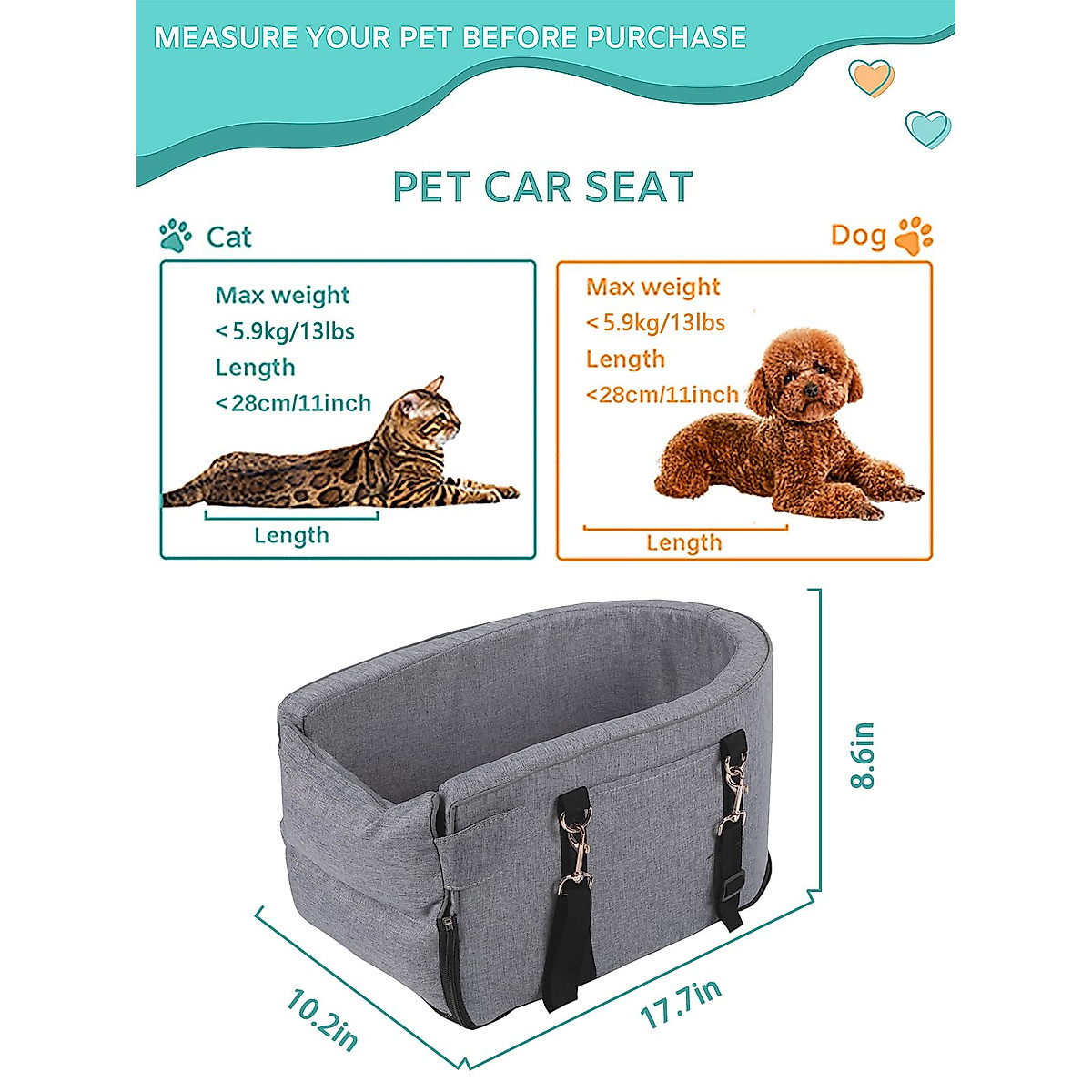 Prpeko Portable Dog & Cat Booster Seat - Center Console Car Armrest Seat for Puppy Under 13 lbs, Interactive Grey