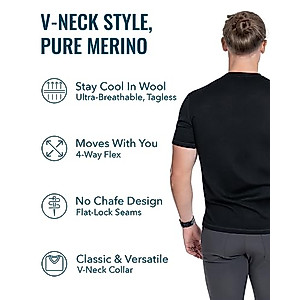 Woolly Clothing Men's Merino Wool V-Neck Tee Shirt - Everyday Weight - Wicking Breathable Anti-Odor - Deep Sea Blue - L