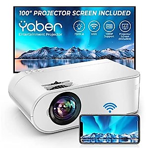 YABER Projector WiFi Mini Projector, 8000L 1080P Full HD Portable Projector, Zoom, 300" Display, Outdoor Projector [Projector Screen Included] Wireless Mirroring Projector for Phone/TV Stick/HDMI/PS4