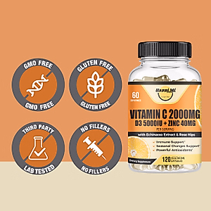 Happi Mi Nutrition Vitamin C 2000MG, Zinc 40 mg, Vitamin D3 5000 IU, Echinacea Extract, Rose Hip, Immune Support for Adults & Kids, Immune Booster,120 Vegan Caps, 60 Day Supply, Non GMO, No Filler