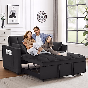 howcool 3 in 1 Convertible Sleeper Futon Sofa Bed with 2 Toss Pillows, 55 Inch Modern Velvet Small Loveseat Lounge Couch w/Reclining Backrest&Side Pockets for Living Room, Pull-Out Design, Pure Black