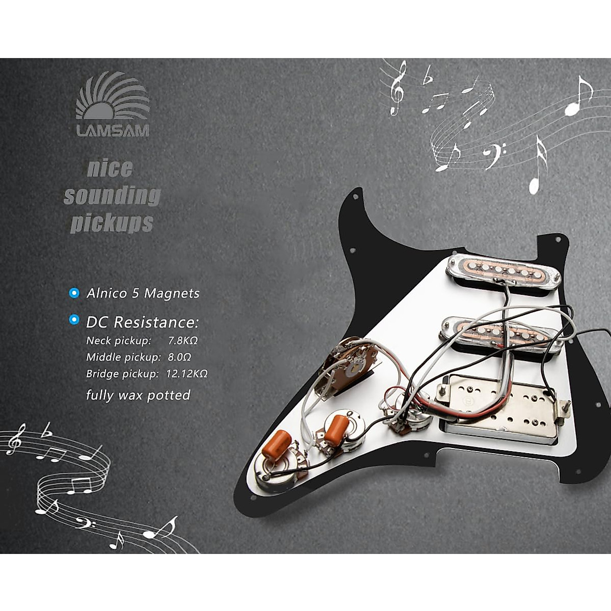 LAMSAM Prewired Pickguard with SSH Pickup Set, 3-ply Pick Guard Loaded Alnico V Single Coil Humbucker Pick-ups, Electric Guitar Scratchplate as Luthier Replacement Parts, Black-03