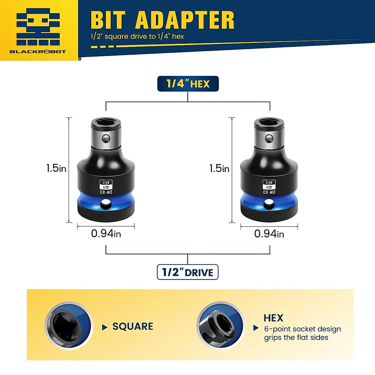BLACKROBOT 2PCS Impact Bit Holders 1/2 Inch Square Drive to 1/4 Inch Hex Socket Adapter for Impact Wrench