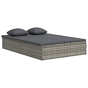 Makastle 2-Person Patio Lounge Chair, Outdoor PE Rattan Adjustable Double Daybed Chaise with Pillow & Cushions, Loveseat Sofa for Garden Lawn Backyard, 78.7"x47.6"x12.2" Poly Rattan Dark Gray