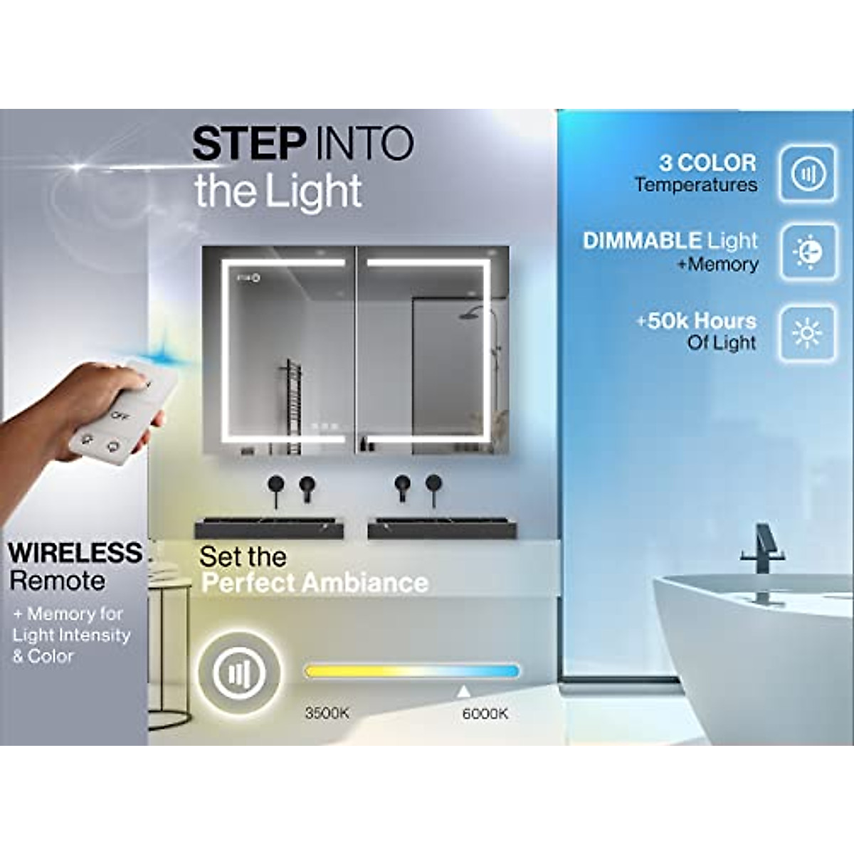 KRISTALLUM Bathroom Mirror Cabinet - 48x32 Surface or Recessed LED Medicine Cabinet with Lights w/Wireless Switch + Anti Fog/Waterproof/Dimmable/ 3 Colors Warm/Natural/White CRI >90, ETL Certified