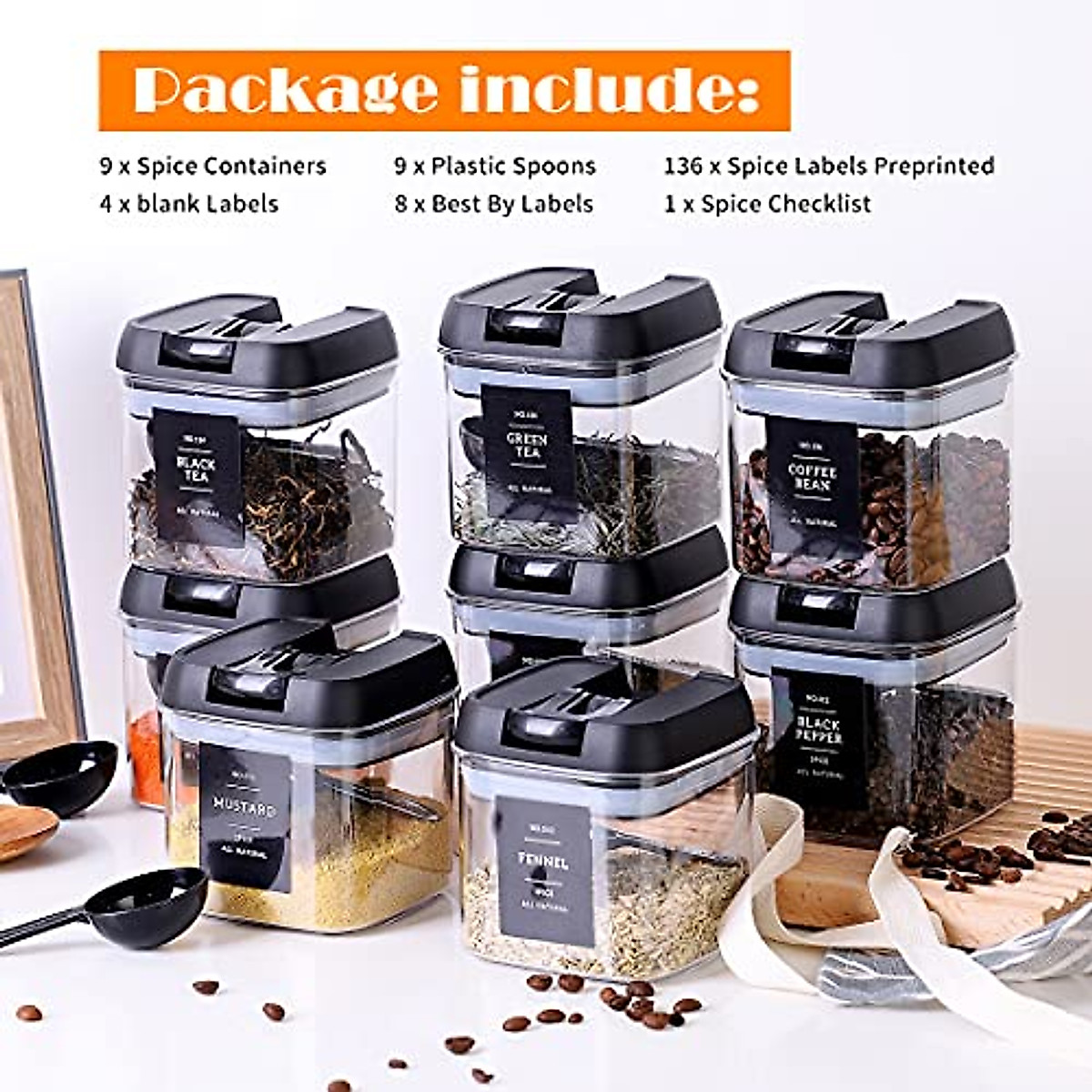 Spice Containers with Labels - 9 Pcs Large Plastic Tea Storage Containers with 148 Spice Labels and 9 Spoons - Square Airtight Spice Containers Set with black Lids for Kitchen Pantry Herbs,Coffee,Seasoning Organization