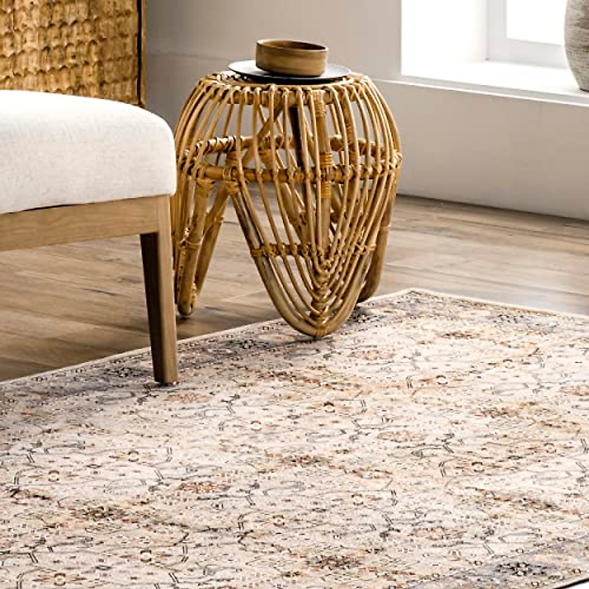 nuLOOM Annelle Floral Border Machine Washable Ultra Thin Area Rug, 5' x 8', Beige