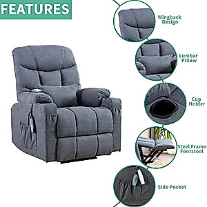 OBBOLLY Power Lift Recliner Chair for Elderly Massage with Heat, Linen Fabric Lazy Sofa with Cup Holders, USB, Side Pockets for Living Room