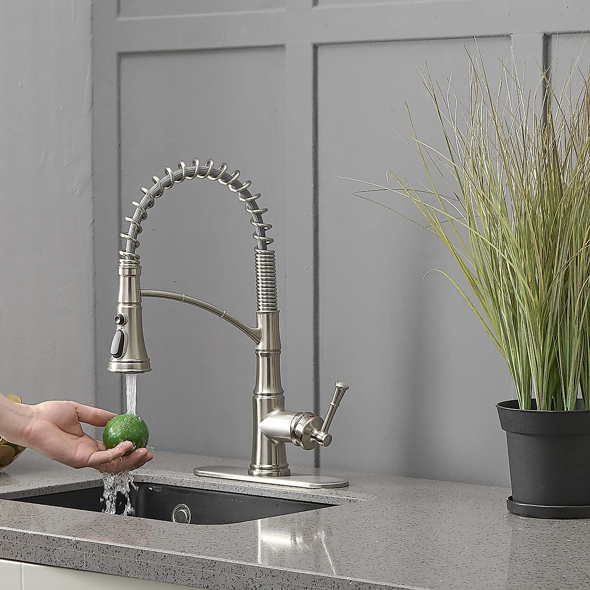 Bathfinesse Kitchen Sink Faucet Brushed Nickel with Pull Down Sprayer 3 Mode Commercial Faucet for Kitchen Sink Solid Brass Single Handle High Arc Pull Out RV Bar,Deck Plate Include