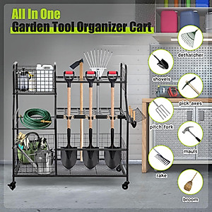 biosp 3-Tier Garden Tool Organizer for Garage, Utility Yard Tool Stand Holder Shelves with Wheels, Heavy duty Shed Tool Storage Rack with Multiple Hooks & Basket, Up to 18 Long-Handled Tools, Black