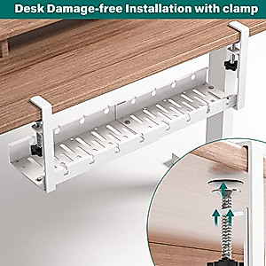Under Desk Cable Management Tray,Retractable Cord Organizer for Desk,No Drill Cable Management for Glass Desk，Sturdy Metal Cable Management Under Desk with Clamp for Home Office