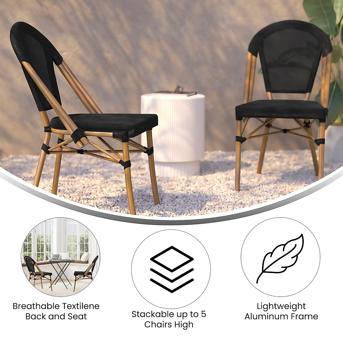 BizChair Set of 2 Indoor/Outdoor Commercial Bistro Stacking Chair, Black Textilene Back and Seat, Bamboo Print Aluminum Frame in Natural