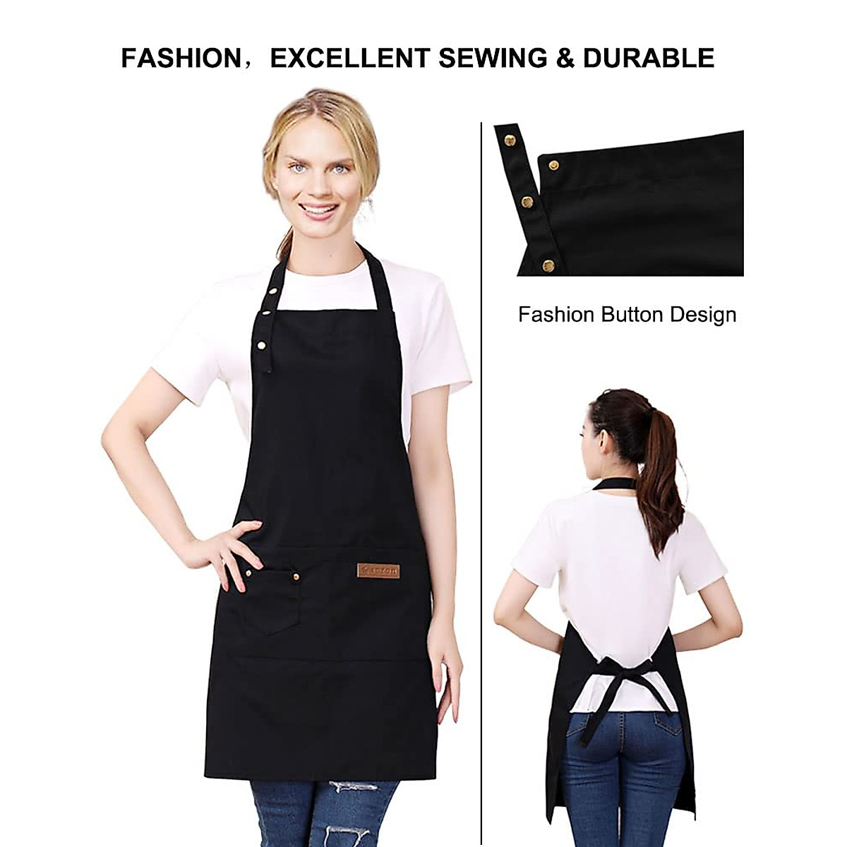 YIUJEFDA Black Aprons for Women Men with Pockets Adjustable Straps Waterproof Cute Canvas Kitchen Cooking Apron for Chef Waitress Server Painting Artist Mother Gifts