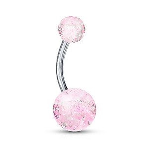 Forbidden Body Jewelry 14g Grade 23 Titanium Pink Ultra Glitter Acrylic Double Ball Belly Button Ring
