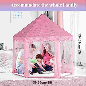 Princess Tent, Play Tent with LED Star Lights, Girls Castle Play Tent, Hexagon Playhouse with Star Lights, Portable Pink Castle for Home, Backyard, Park, Party, Indoor or Outdoor Games (Pink)