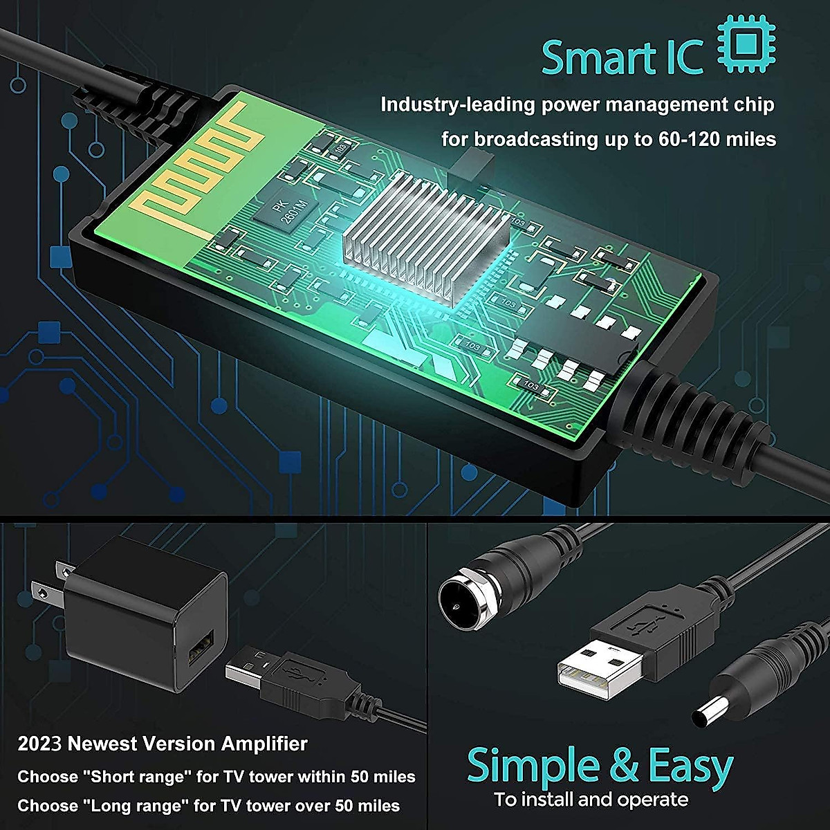 DJGEARIX Antenna HD TV Digital Indoor Window, 520+ Miles Long Range,Smart Switch Amplifier Signal Booster Support 4K 1080P UHF VHF View HDTV Channels,16ft Long Coax Cable