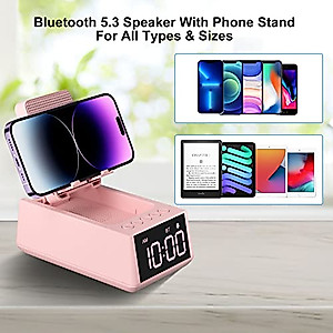 Deeyaple 3 in 1 Wireless Bluetooth Speaker with Loud Alarm Clock Cell Phone Stand TF Card Reader 12H Display Mic HD Surround Sound Kitchen Bedroom Office Cell Phone＆Tablet (Pink)