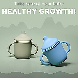 Potchen 2 Pieces Silicone Sippy Cup Training for Baby 6 months+ Soft with Straw Spill Proof Cups Toddlers Handles and Spout Lid Easy Grip 5oz (Blue, Green, Cute Style), (Pack of 1)