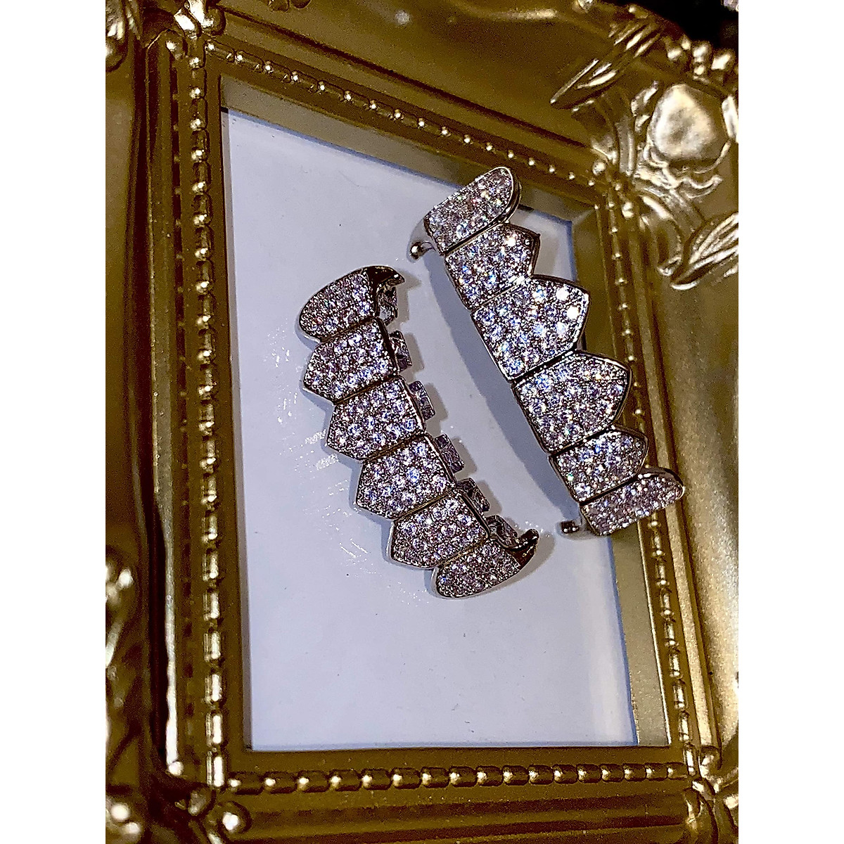 18K White Gold Plated CZ Cluster Custom Slugs Top Bottom GRILLZ Fangs Mouth Teeth Grills Set - Grillz, Teeth Cap, Iced Out Grillz (Top & Bottom Set)