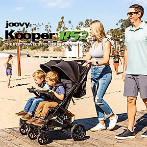 Joovy Kooper RS2 Lightweight Travel Double Stroller Featuring Dual Snack Trays, One-Handed Fold, Multi-Position Reclining Seats, Adjustable Leg Rests, and 2 Zippered Pockets for Storage