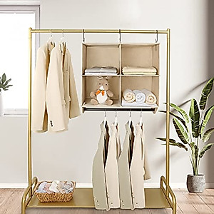 TOPIA HOME 4-Section Hanging Closet Shelves with Rod, Upgraded Thickened Fabric Hanging , Collapsible Closet Organizers and Storage Organization, 24" W x 12" D x 29" H, Beige