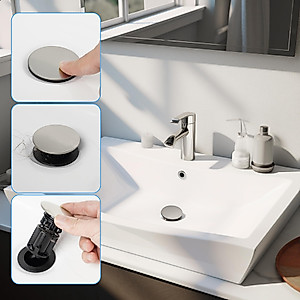 Hibbent 2 Pack Push and Seal Pop Up Drain Stopper with Overflow for Bathroom Sink Faucet Vessel Vanity, Brushed Nickel