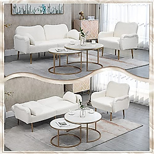 Modern Velvet Futon Sofa Bed, Convertible Loveseat with 2 Crescent-shaped Pillows, Small Sleeper Sofa with 3 Adjustable Positions, Upholstered Living Room Couch with 7 Metal Tapered Legs, White Teddy