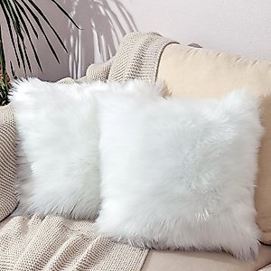linmopm Excluding Insert Faux Fur Sheepskin Pillow Cover White Shag Fuzzy 18x18 Inch White 2 Pcs Super Soft Fluffy Cushion Plush Pillow Case Luxury Living Room Sofa Bed Home Decor Chair Cushion