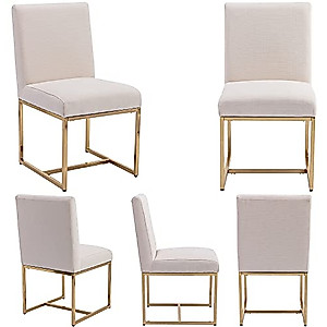 Set of 4 Linen Upholstered Dining Room Chairs, Mid Century Modern Fabric Chair for Dining Room, with Golden Finish Metal Frame, Cream
