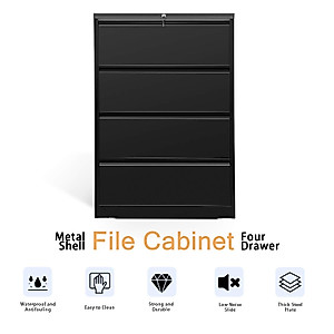 4 Drawers lateral File Cabinet for Legal/Letter Size with Anti-tilt Design,Black Metal Steel File Cabinet with Lock and Easily and Fast Assemble for Home and Office use (Black)…