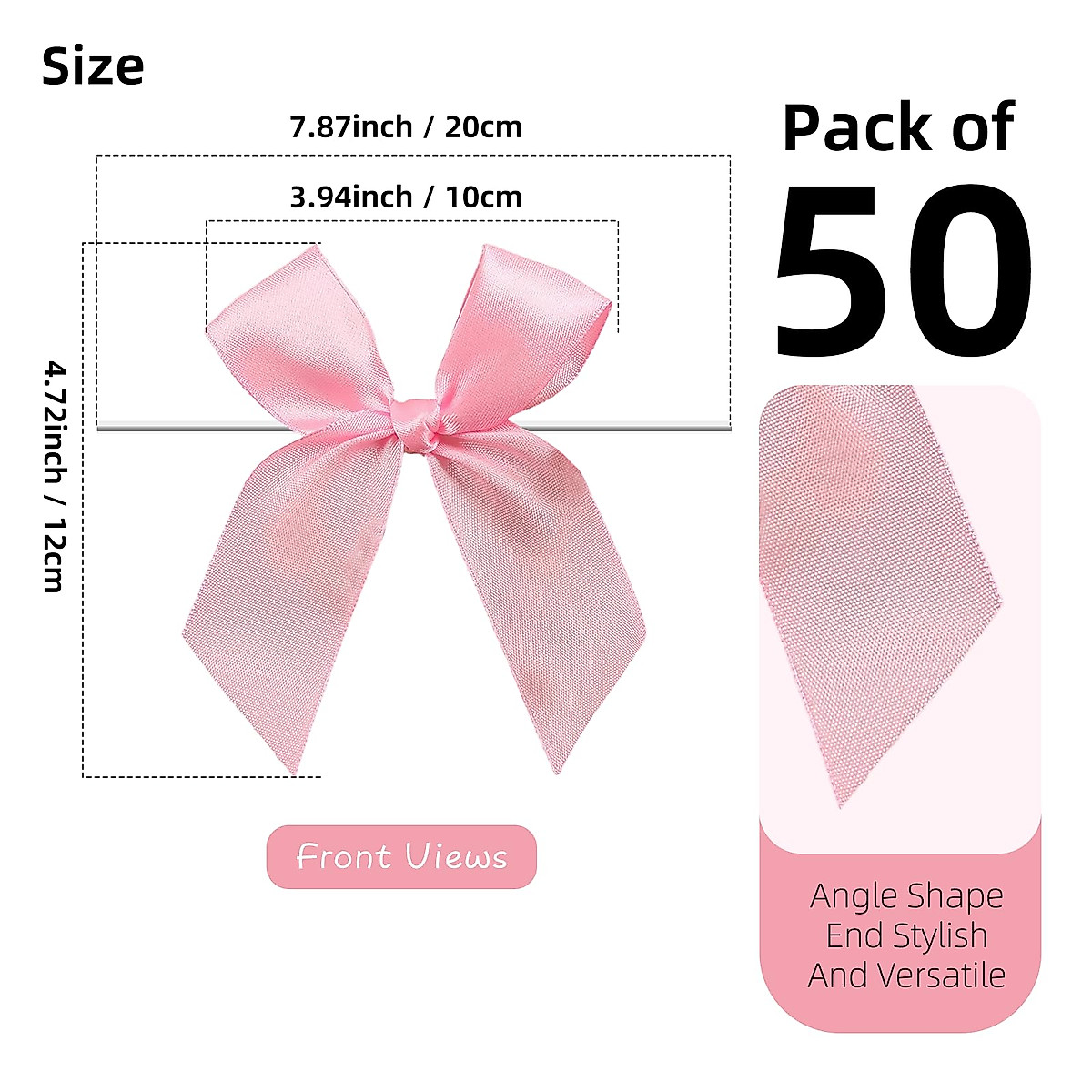 Twist Tie Bows, 50Pcs Pink Satin Ribbon Bows, 3.9'' Big Pre-Tied Pink Gift Bows for Gift Wrapping Treat Bag Present Craft Bridal Shower Wedding Girls Birthday Party Halloween Thanksgiving (Pink)