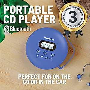Oakcastle CD100 Portable Bluetooth CD Player | 12hr Portable Playtime | in Car Compatible Personal CD Player | Headphones Included, AUX Output, Anti-Skip Protection, Rechargeable, CD Walkman in Blue