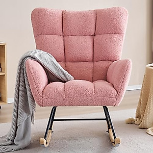 Furnimart Rocking Chair, Nursery Glider Rocker with High Backrest, Upholstered Glider Rocking Chairs for Nursery, Pink Comfy Reading Chair, Teddy Fabric Side Chair for Living Room, Bedroom
