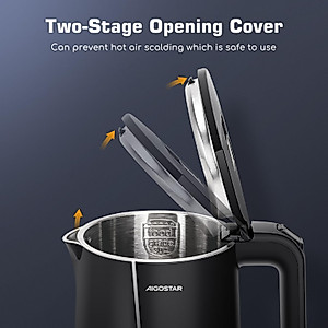 Aigostar Electric Kettle, 1.7L Double Wall 304 Stainless Steel Interior Hot Water Boiler Heater, Cool Touch Electric Tea Kettle, 1500W Fast Boiling, Auto Shut-Off, Boil Dry Protection, BPA-Free, Black