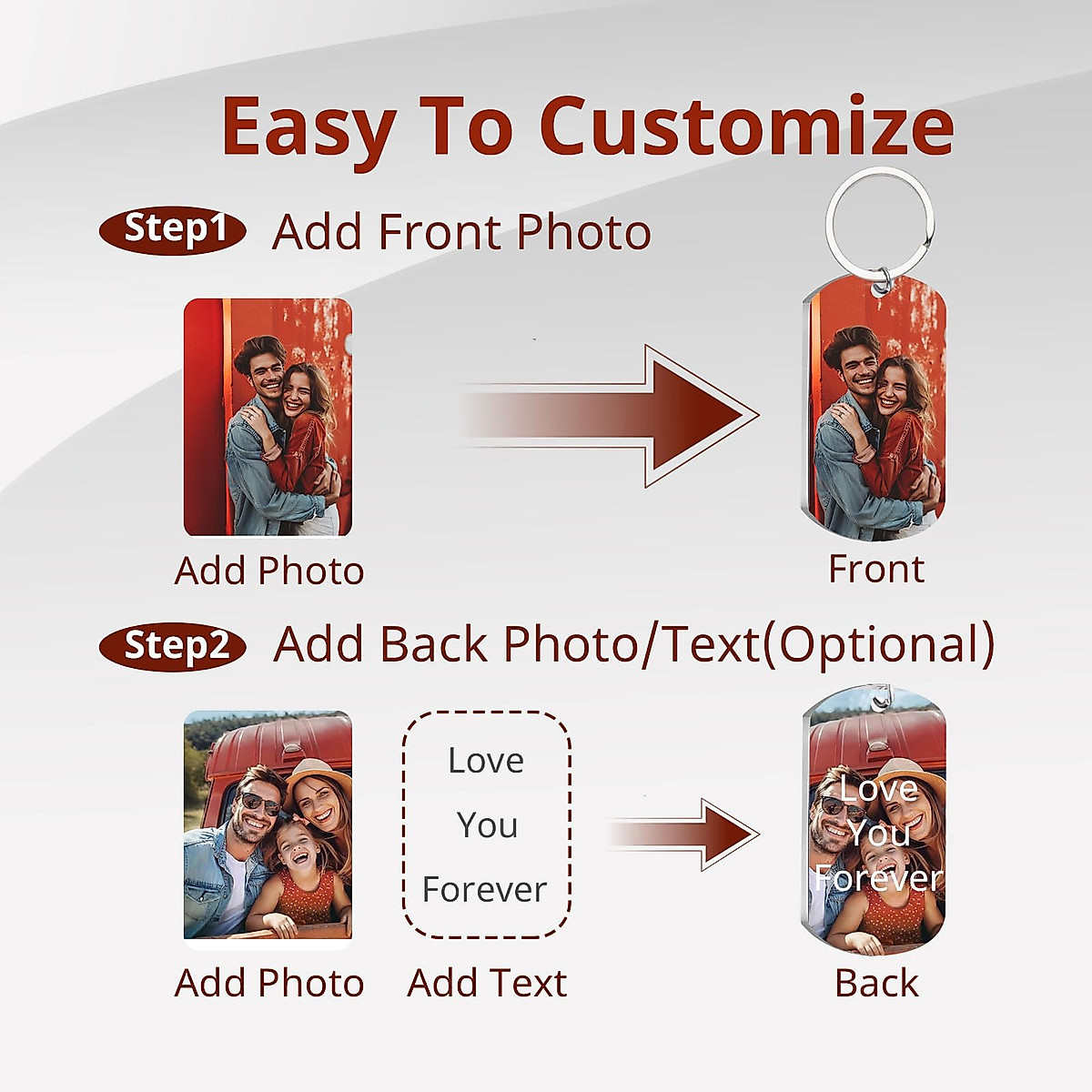 Custom Keychain Personalized Keychains with Picture Engraved Photo Text Customized Keychain for Men Women Dad Mom Boyfriend Girlfriend Couple Fathers Day Birthday Gifts, 1.97*1.1inch, White